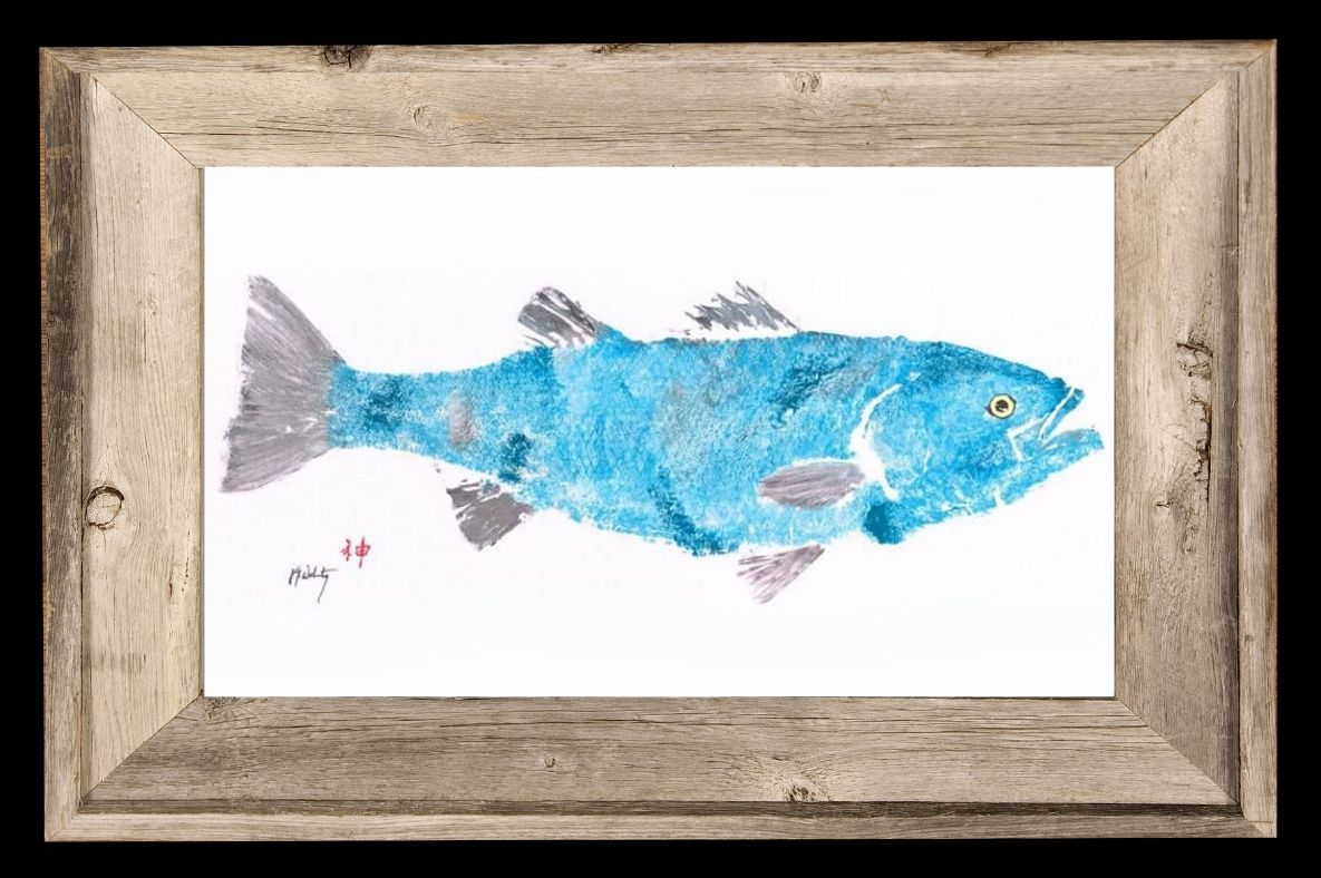Blue & Grey Striper Fish Gyotaku Print | Coastal Art